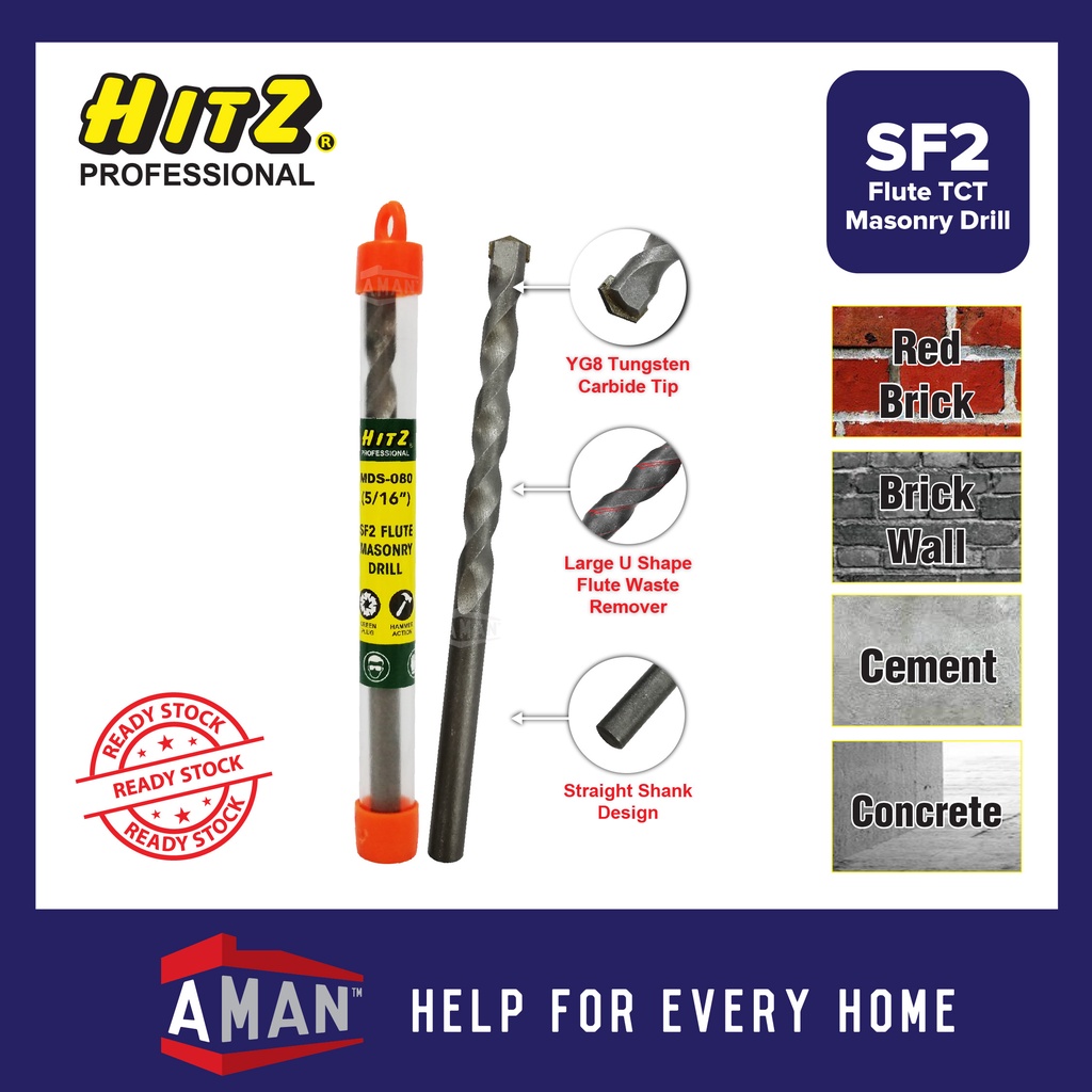 HITZ 5mm - 12mm SF2 Flute TCT Concrete Cement Masonry Red Brick Wall ...