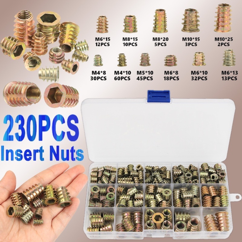 230PCS Threaded Inserts Nuts Wood Insert Assortment Kit M4/M6/M8/M10 ...