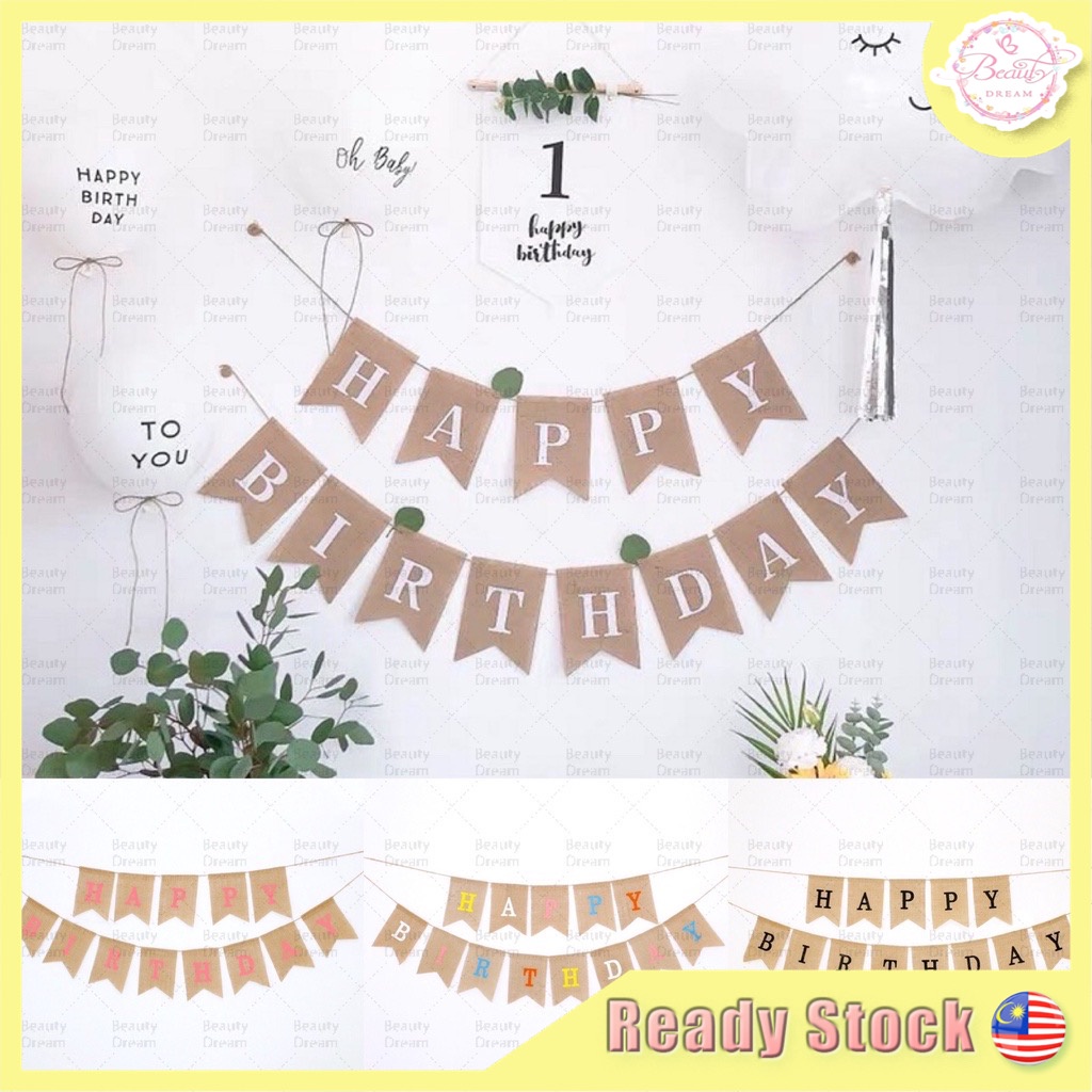 ⚡️Ready Stock⚡️INS Vintage Linen Jute Burlap Happy Birthday Wall ...