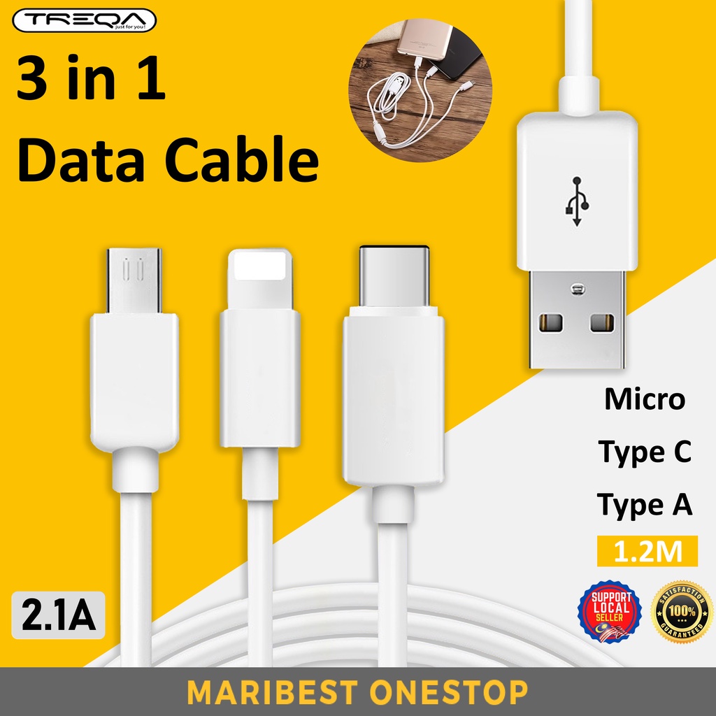 TREQA 3 in 1 Usb Cable Micro Usb Cable Type A Cable Fast Charging Cable ...