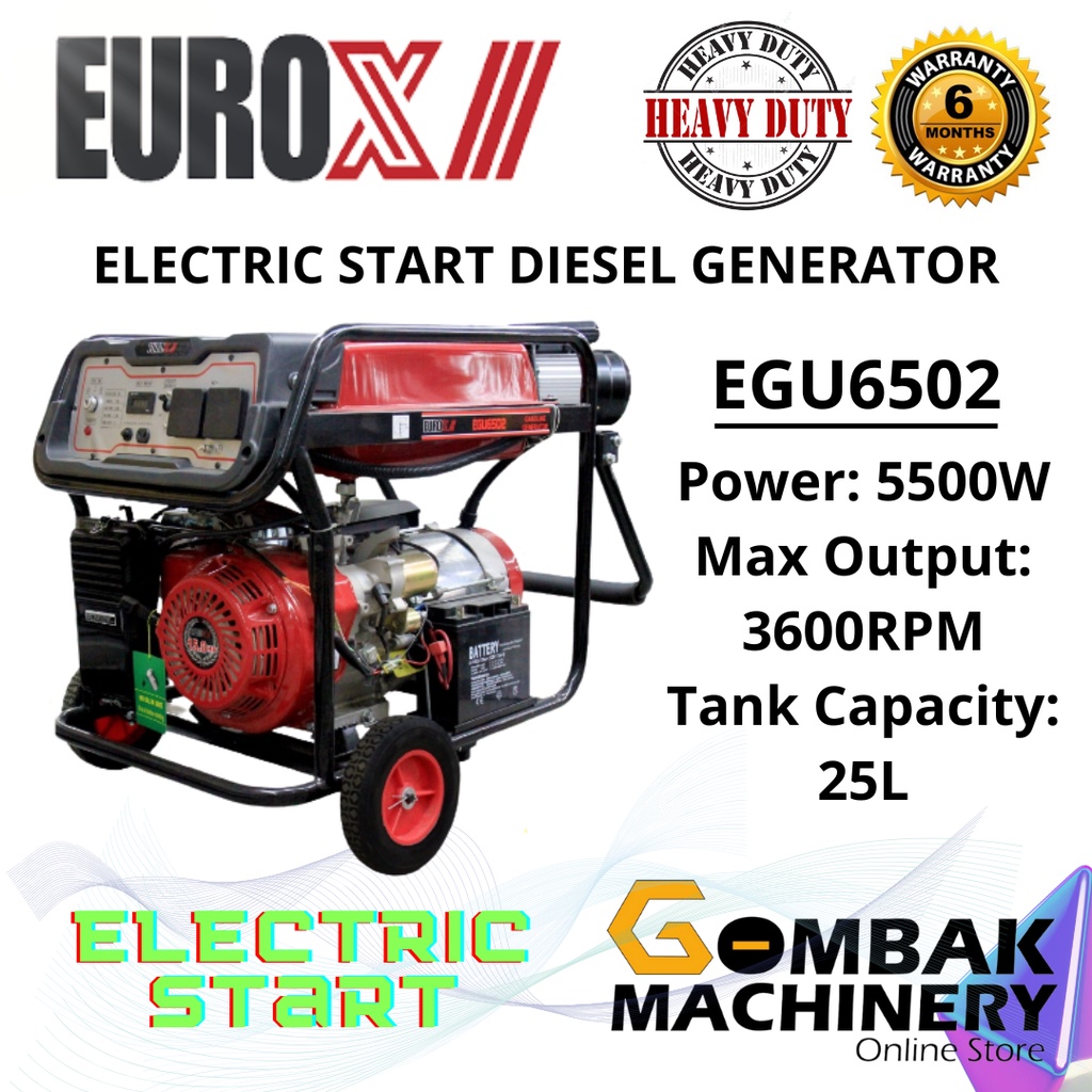 EUROX EGU6502 5.5kW Gasoline Generator C/W Electric Start, Wheel & Handle -Heavy Duty | Shopee ...