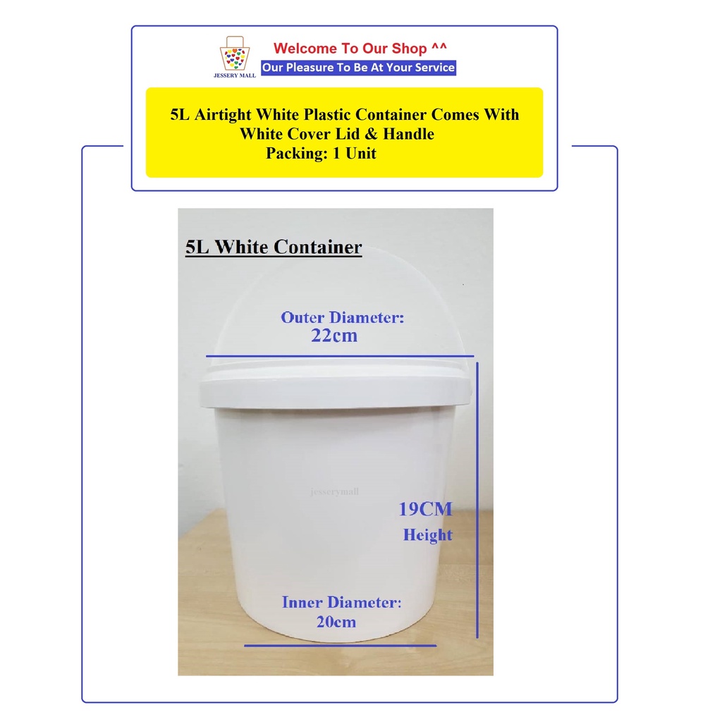 5L Airtight White Plastic Container Comes With White Cover Lid & Handle ...