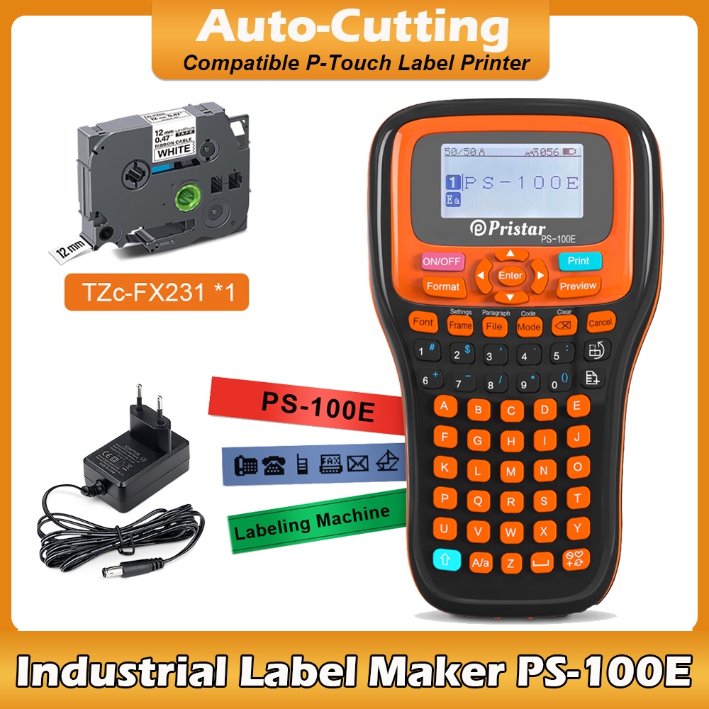 Portable Handheld Label Printer PS-100E with TZe-FX231 12mm Label Tape ...