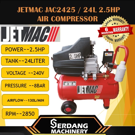 JETMAC ~JAC2425 AIR COMPRESSOR WITH 20L TANK, 8 BAR,2.5HP~ 6 MONTHS ...