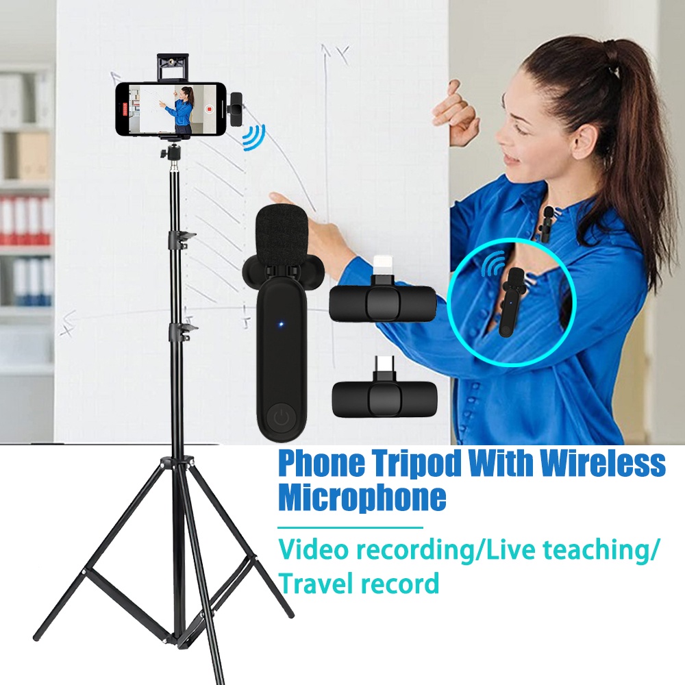 Wireless Lavalier Microphone With Tripod for Phone and Tablet Portable ...