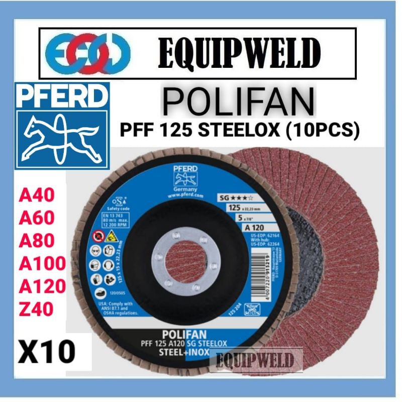 PFERD POLIFAN 5" FLAP WHEEL DISC 10PCS (PFF125 SG SG + PSF STEELOX STEEL+INOX) A40 A60 A80 A100 ...