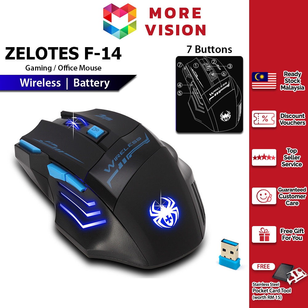 ZELOTES Gaming Mouse Wireless Mice Ergonomic F-14 F-15 7/9 Keys LED DPI ...