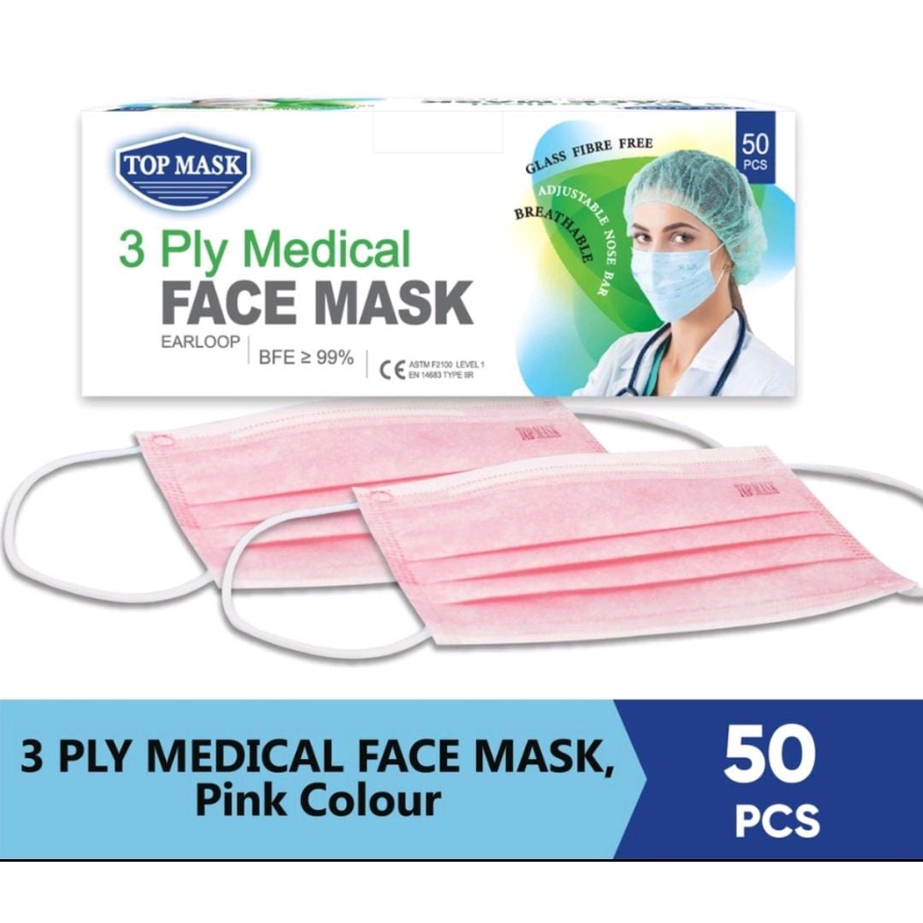 Top Mask Medical Disposable 3 Ply Mask (Pink Color, 50 pcs/box ...