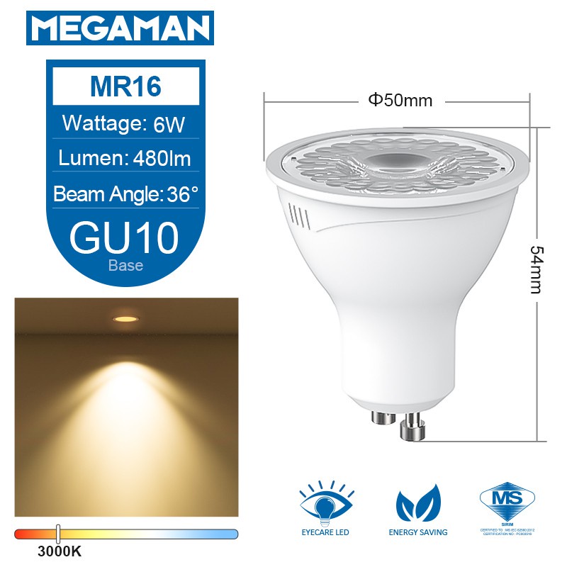 Megaman 6W GU10 Non-Dim LED Light Bulb (3000K-Warmwhite/4000K-Coolwhite/6500K-Daylight ...