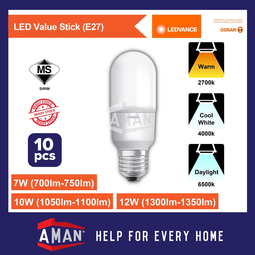 OSRAM 7W/10W/12W E27 LED VALUE STICK BULB 10Pcs | Shopee Malaysia