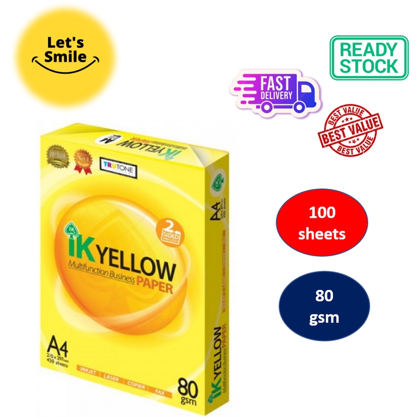 A4 70/80GMS IK YELLOW PAPER- 100 Sheets / INDAH KIAT / Kertas Putih A4 ...
