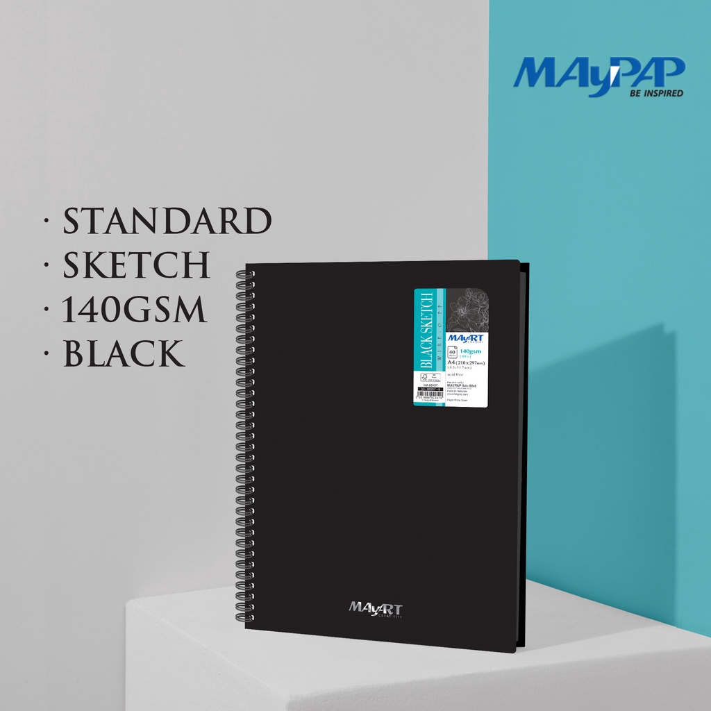 MayArt Wire-O PP Cover Black Sketch Book 140gsm / 40shts A4+ (MA00356 ...