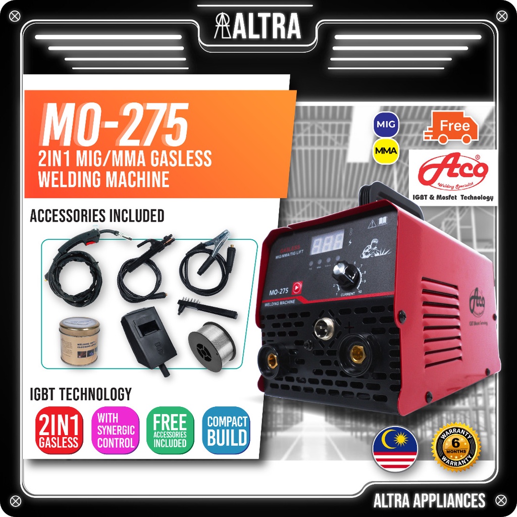 ACO MO-275 / MO275 2 in 1 Gas-less MIG / Gasless MIG / MMA Inverter/ MIG Welding Set ACO / MIG ...