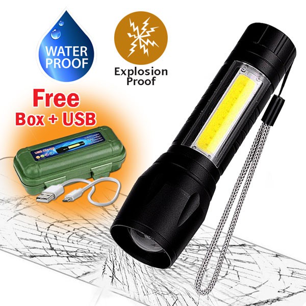 Portable XPE + COB LED USB Charging Tactical Flashlight Lamp Strong ...