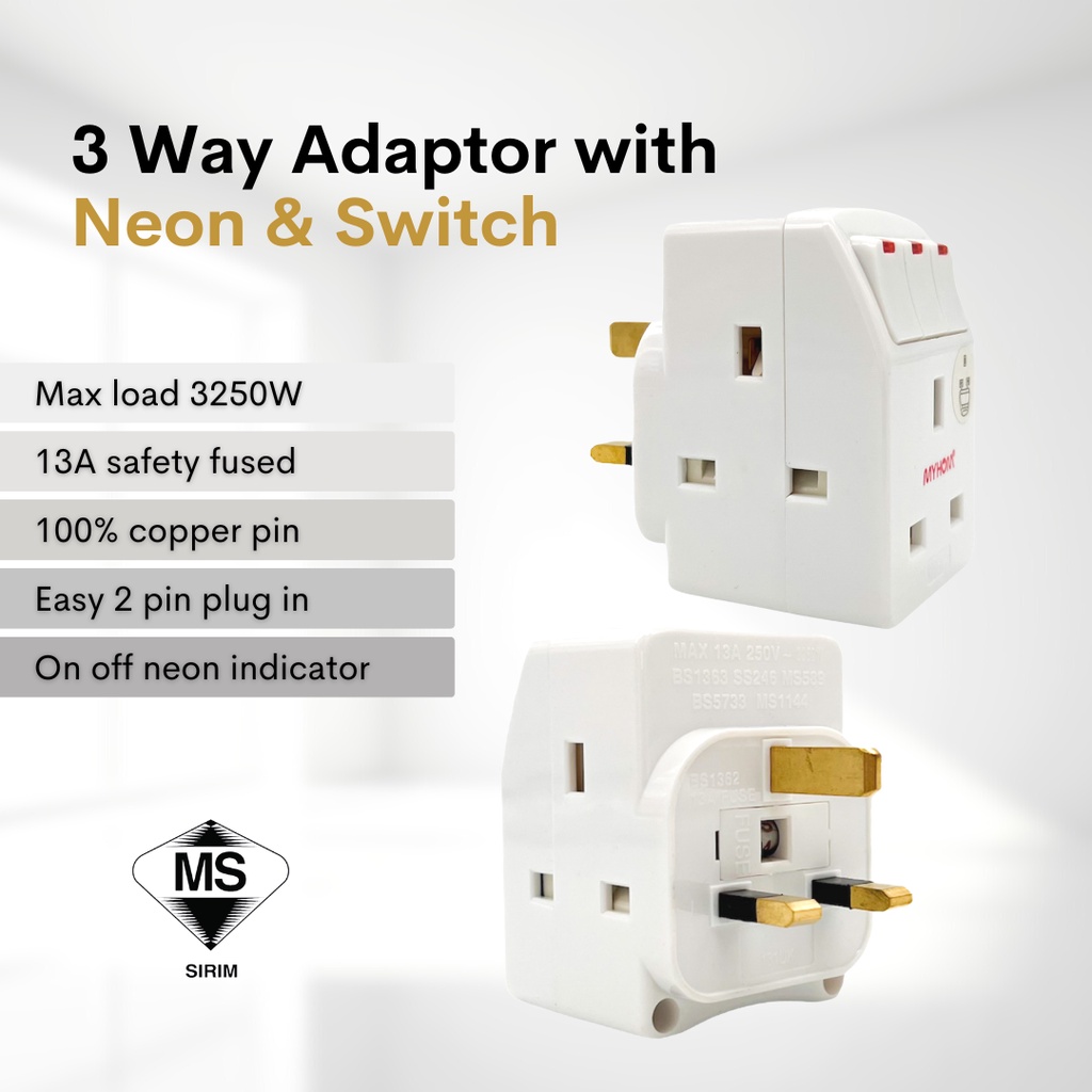 13A 3 Way Multi Adaptor Socket with Switch and Neon | Wall Plug ...