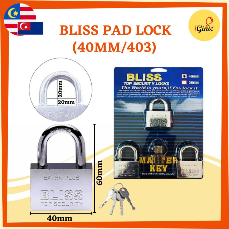 BLISS Pad Lock 40mm 50mm (4 Keys) Top Security Safety Lock *1 Key for ...