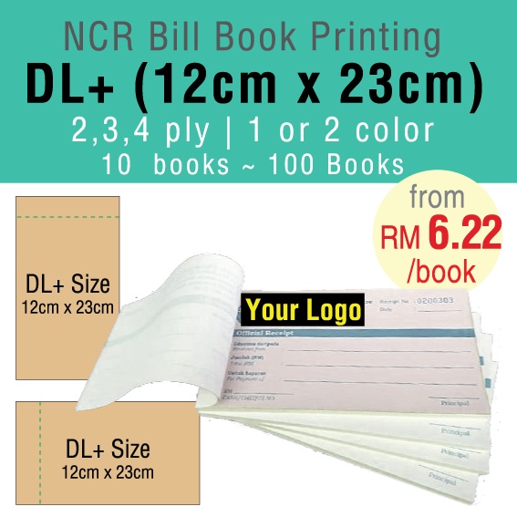 DL+ Size 12cm x 23cm NCR Bill Book Custom Printing Receipt Invoice ...