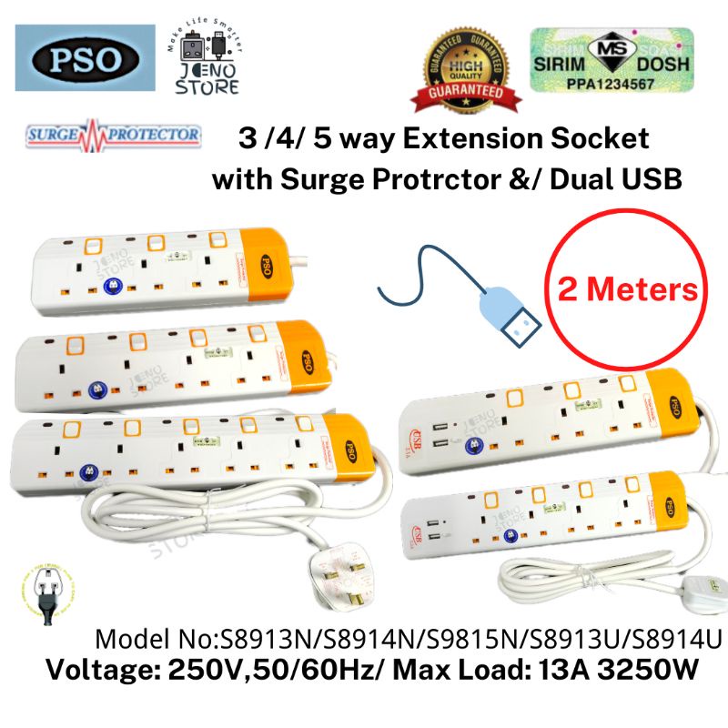 Pso 3 4 5 6 Way Portable Extension Trailing Socket Extension Plug Socket With Surge Protector