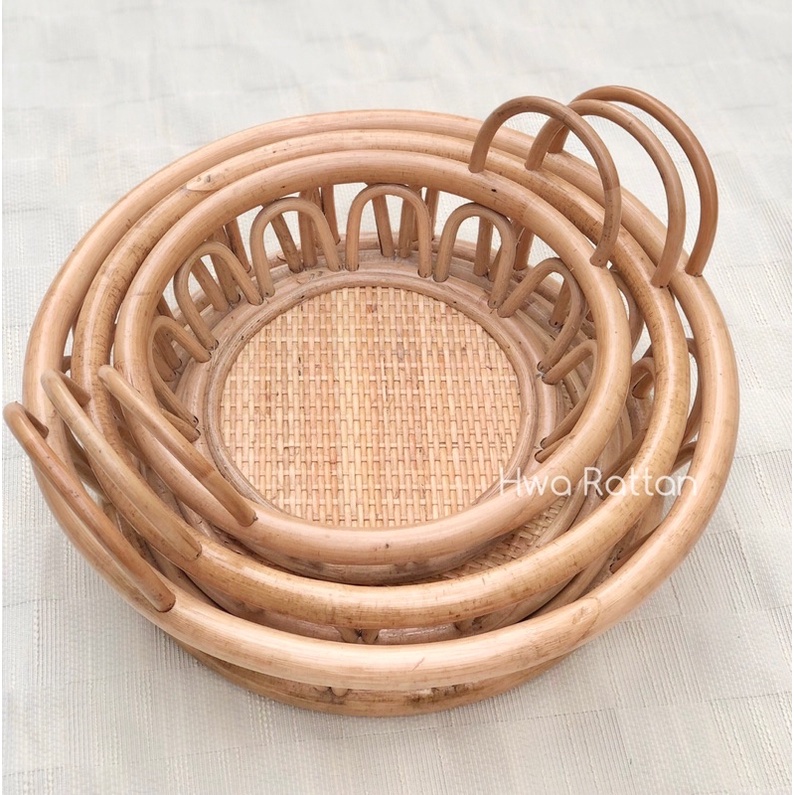 Round rattan basket webbing handcrafted tray / Bakul bulat rotan handle ...