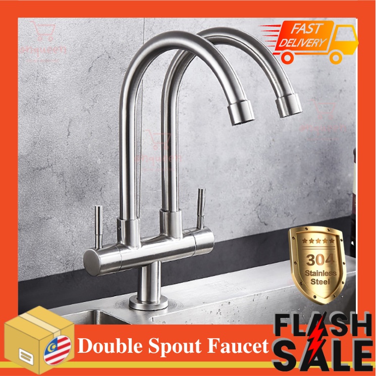 Double Faucet Kitchen Sink Flexible Wall Tap SUS304 Stainless Steel ...