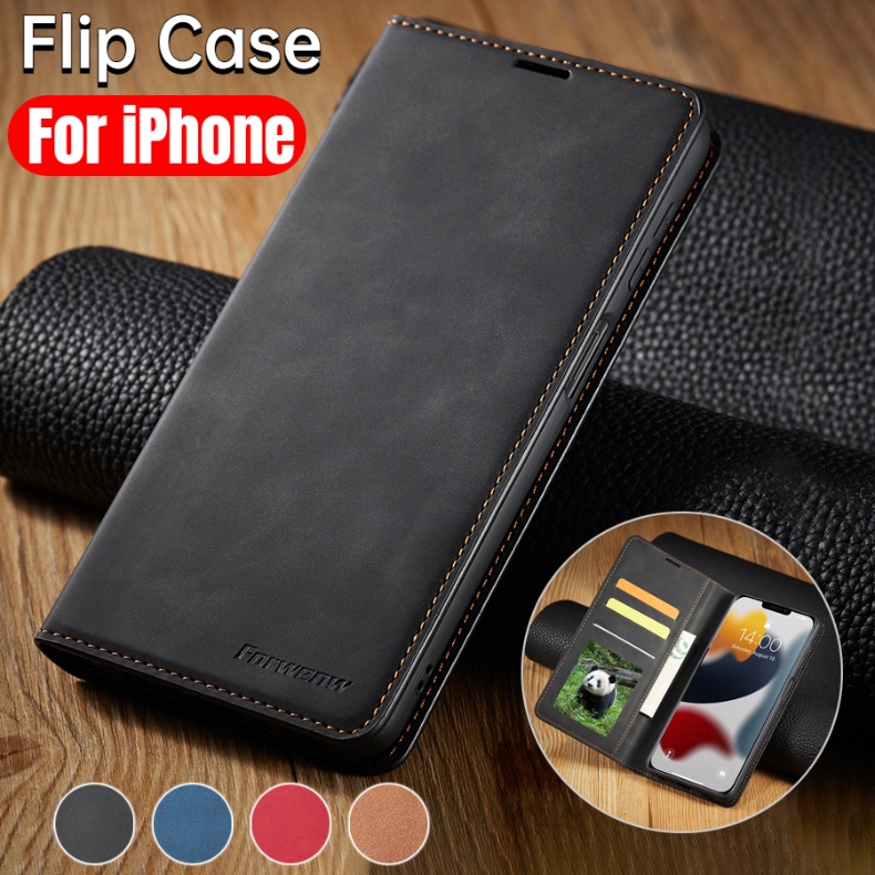 Forwenw Leather Flip Cover for iPhone 16 15 14 13 12 Pro Max Pure Color Magnetic Wallet Case Hp ...