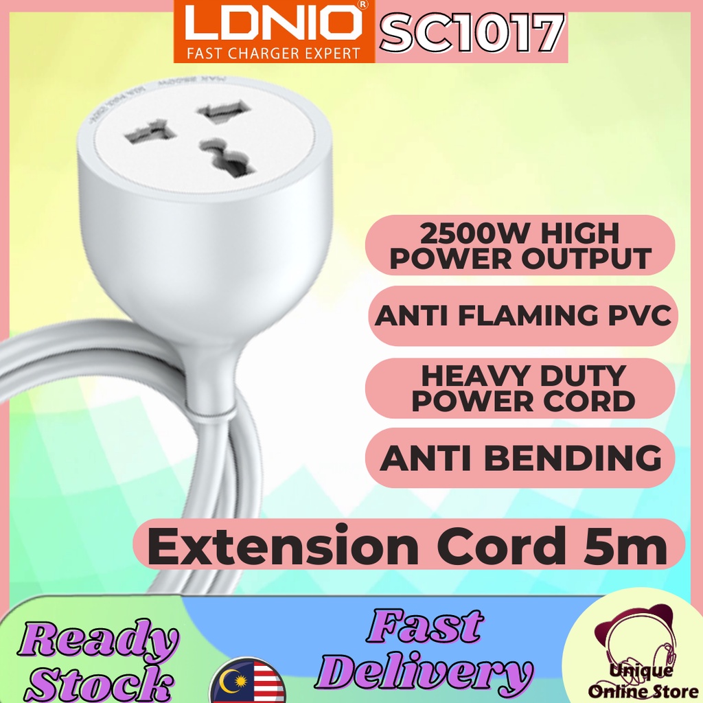LDNIO SC1017 Heavy Duty Extension Cord 5 Meter Single Power Cord Anti ...