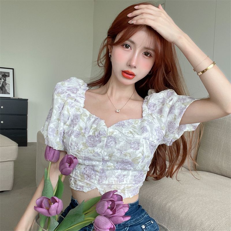Summer women's puffed sleeves floral crop top square neck short sleeve ...