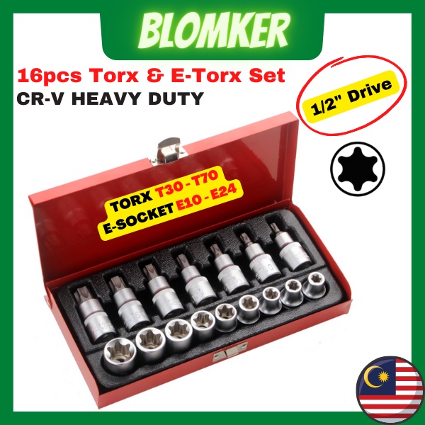16pcs 1/2" Inch DR. Torx Bit Socket & E-Torx Socket Set T30 T40 T50 T55 T60 T70 E10 E11 E12 E14 ...