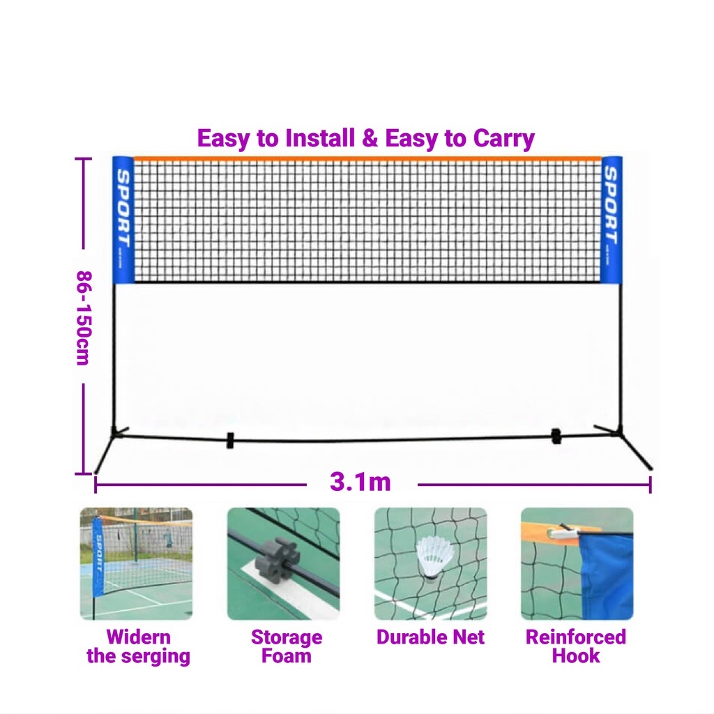 🎁GIFT🎁 Portable Badminton Net 3.1m Adjustable Jaring Badminton Easy ...