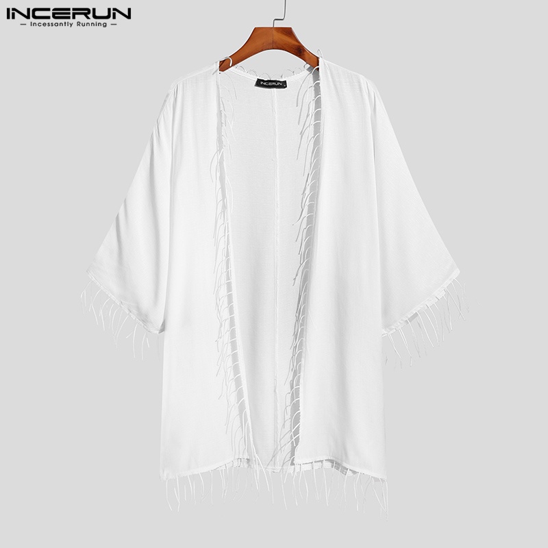 INCERUN Men Beach Tassel Short Sleeve Cardigan Ponchos Aloha Comfy Cape ...