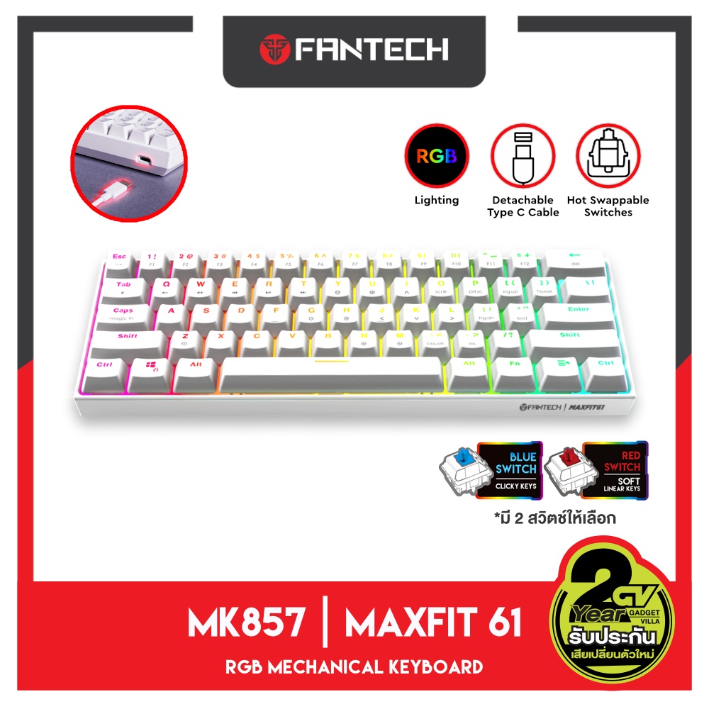 FANTECH MK857 TKL 61 KEY KEYBOARD MECHANICAL SWITCH Keypad Detachable Removable keycaps ...