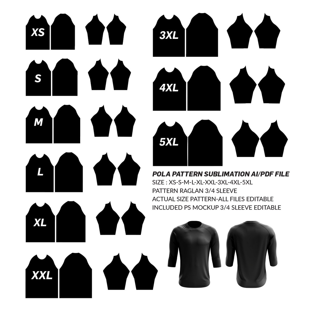 Pola pattern Digital Ai Pdf Raglan 3/4 sleeve with mockup editable all ...