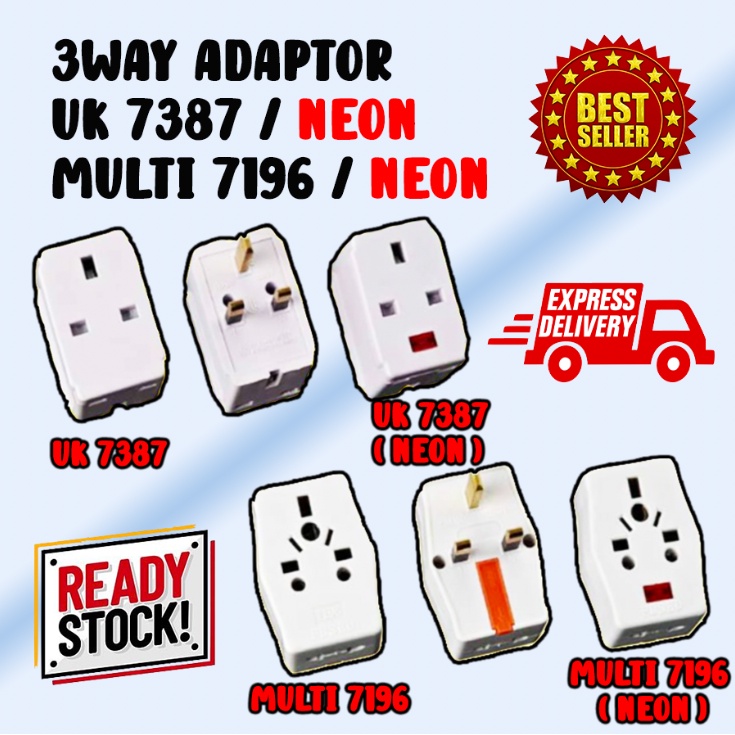 3 Way Adaptor / 3Way Adaptor UK 7387 NEON / Multi way Adaptor 7196 NEON ...