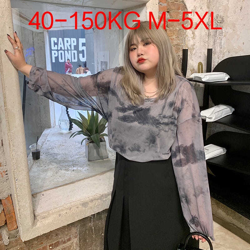 【M-5XL 40-150KG】150kg胖mm夏季网纱防晒上衣女宽松显瘦大码200洋气扎染长袖T恤潮 plus size extra large size oversize fat big ...