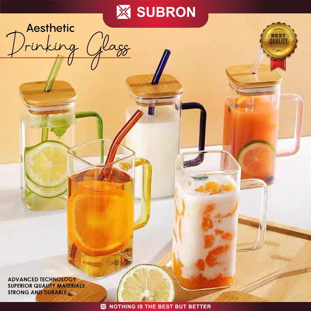 SUBRON Aesthetic Borosilicate Square Glass Cup 400ml Simple Plain With ...