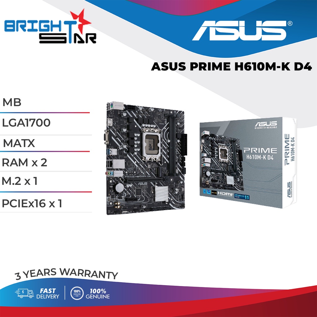 ASUS MOTHERBOARD PRIME H610M-K D4 / LGA1700 / MATX / RAM x 2 / M.2 x 1 / PCIEx16 x 1 / RGB x 1 ...