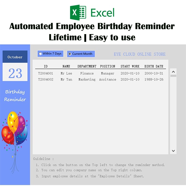 Automated Employee Birthday Reminder (Excel Template Lifetime) | Shopee ...