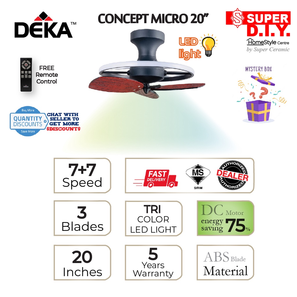 DEKA Concept Micro 3 Blades DC Motor with 7 Speeds Control Ceiling Fan ...