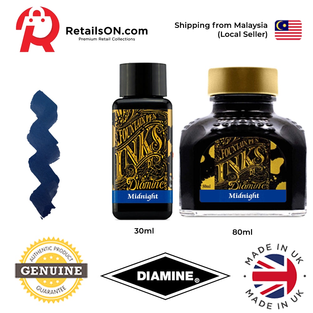 Diamine Ink Bottle (30ml / 80ml) - Midnight / Fountain Pen Ink Bottle ...
