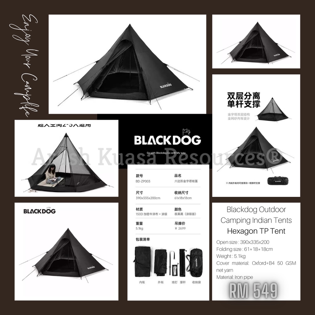 BLACKDOG TeePee Tent Hexagon Pyramid Tent Outdoor Camping Tent Portable ...