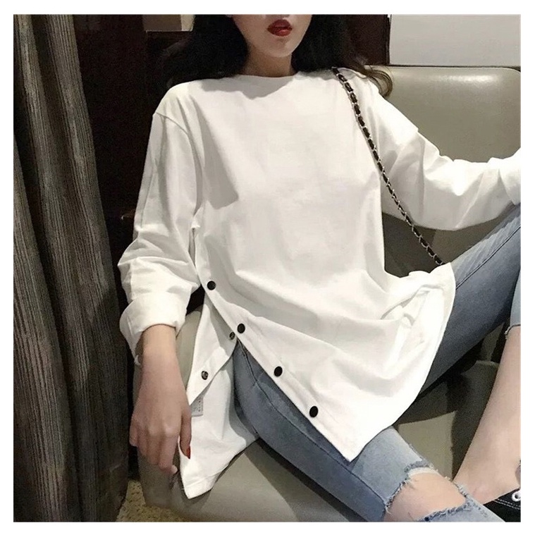Korean Fashion Women Viral Long Sleeve Top (Side Slit With Buttons ...