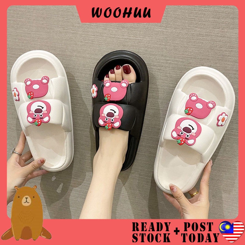READY STOCK WOOHUU Cute Cartoon Strawberry Bear Wanita Selipar Women ...