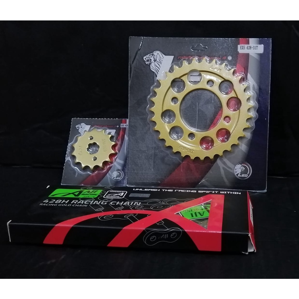 (COMBO SET) ( GOLD CHAIN ) 428H 428 H [ EX5 / DREAM ] LEO sprocket + AJI RACING CHAIN HEAVY DUTY ...