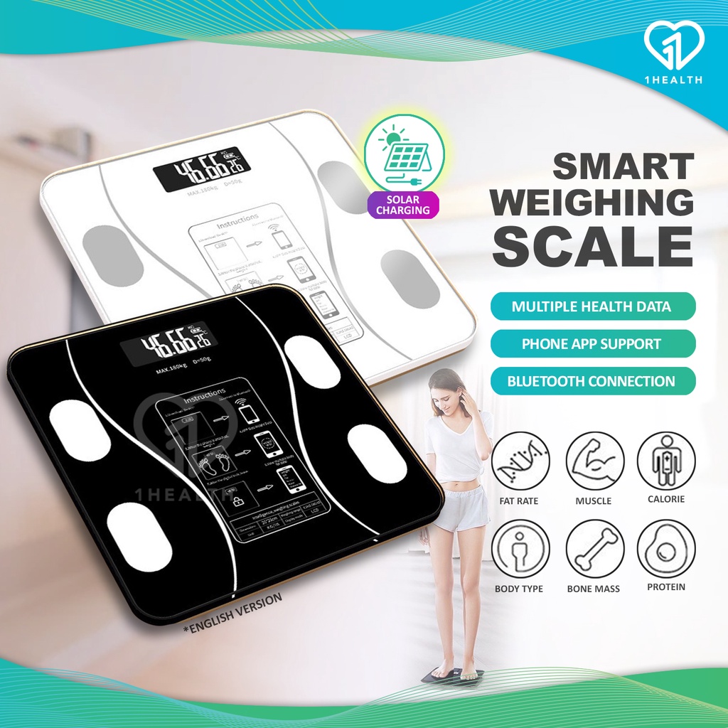 Smart Weight Scale Body Weighing Solar + USB Power | Apps BMI Fat ...