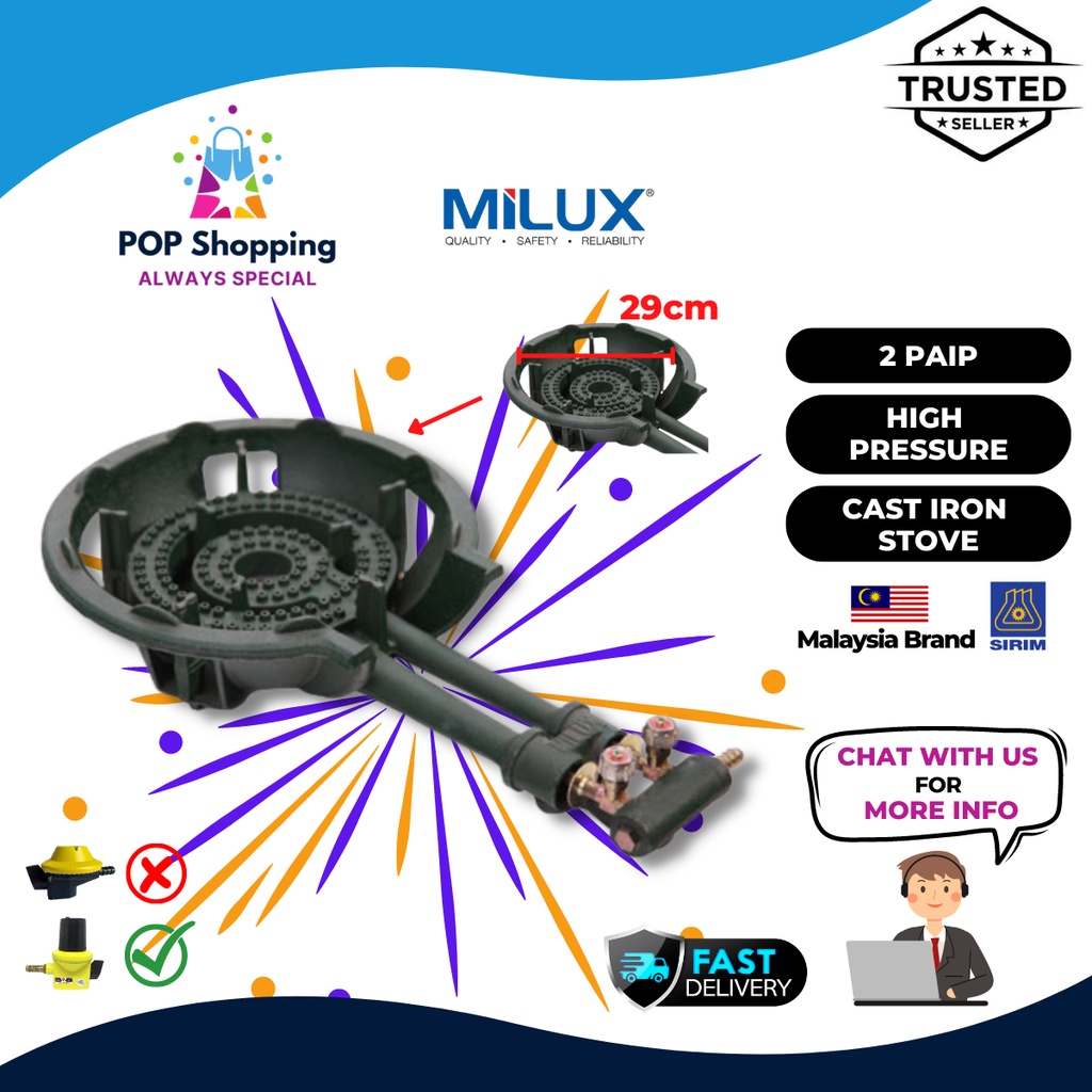 MILUX High Pressure Cast Iron Gas Stove C30 2 Pipe & C40 3 Pipe / Dapur ...