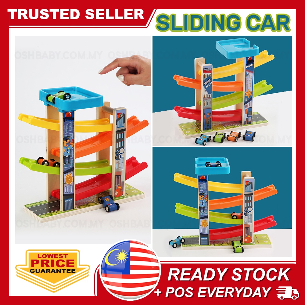 Wooden 4 Level Track SLIDING CAR Ladder Gliding Toy With 4 Cars Set ...