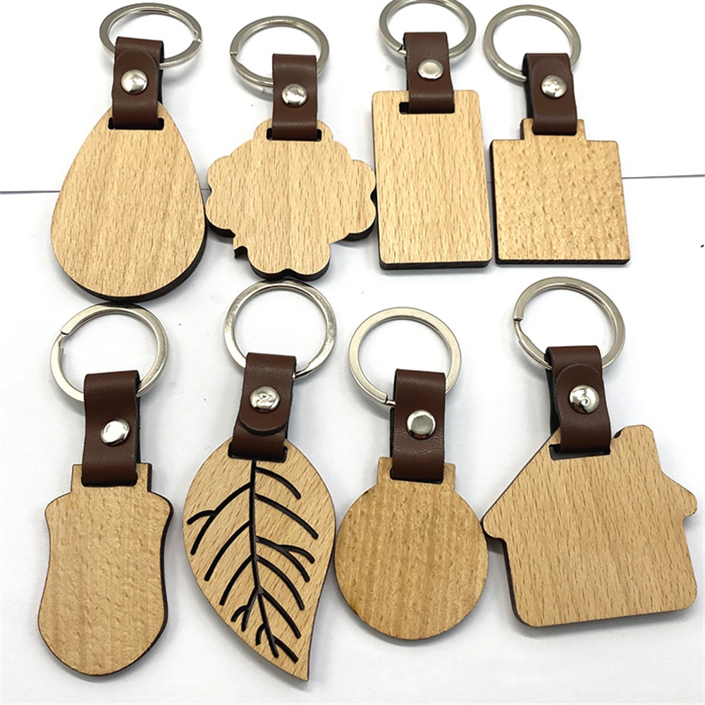 Creative Leather Wood Keychain Geometric Leaf House Wooden Keyring DIY Accessories Bag Ornaments ...