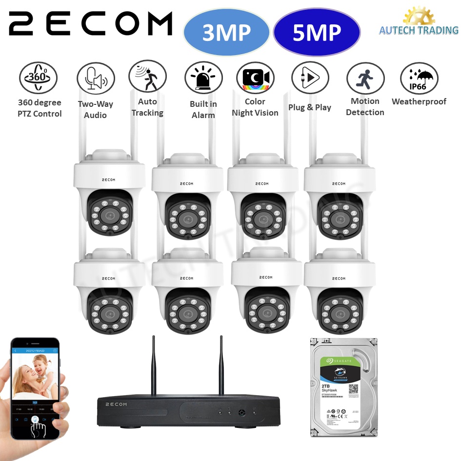 2ECOM AUDIO PTZ ROTATE 3MP 5MP 1296P 1960P HD Wireless CCTV Set NVR DVR ...
