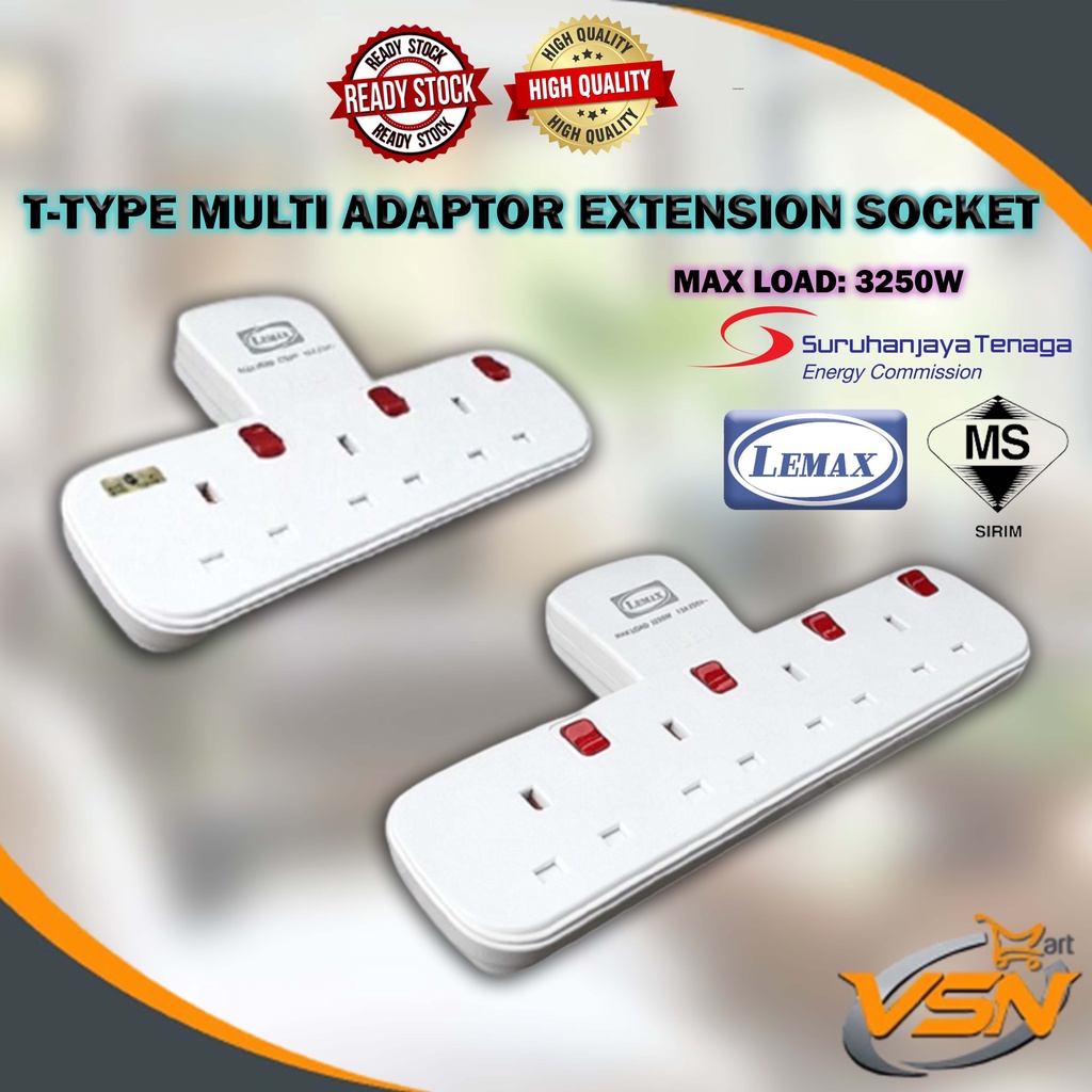 LEMAX 4 Way T-Type Multi Adaptor Extension Socket with Neon (SIRIM ...