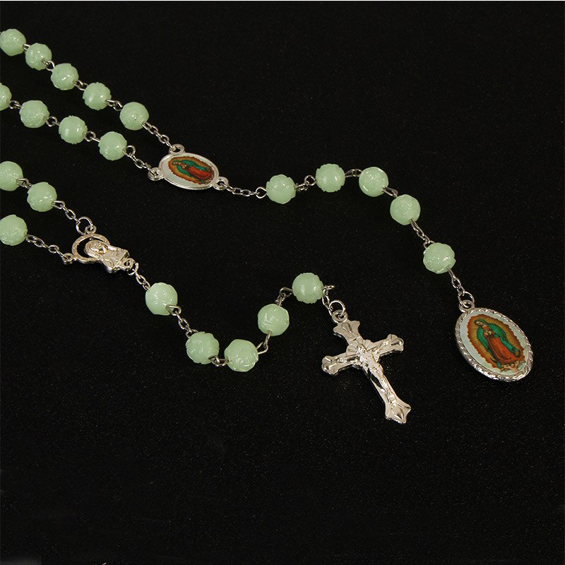 Catholic glowing green rosary cross necklace. Bless the long chain ...